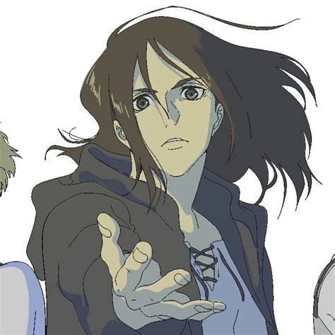 An Anime Character With Long Hair Pointing To The Side And Holding His Hand Out In Front Of Him