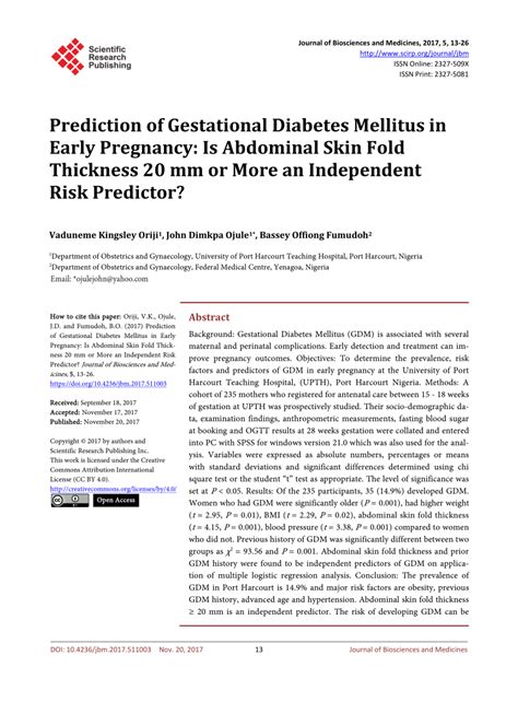 Pdf Prediction Of Gestational Diabetes Mellitus In Early Pregnancy Is Abdominal Skin Fold