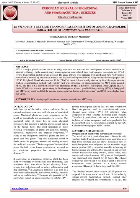 Pdf In Vitro Hiv 1 Reverse Transcriptase Inhibition Of Andrographolide Isolated From