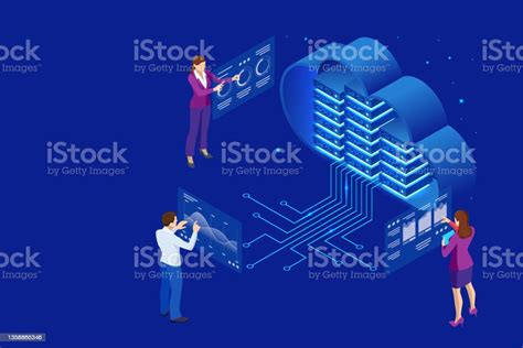 Isometric Cloud Computing Concept Represented By A Server With A Cloud Representation Hologram