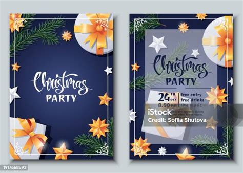 축제 분위기의 크리스마스 파티 초대장 템플릿 세트입니다 전단지 선물 상자 전나무 가지 및 별이 있는 포스터 즐거운 성탄절 보내시고 새해 복 많이 받으세요 12월에 대한 스톡