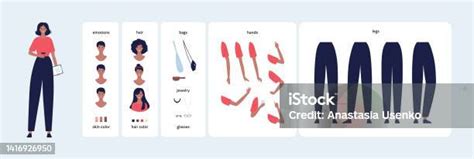캐릭터 Diy 키트 벡터 평면 디자인 사람들 일러스트레이션 여자 생성자 요소 집합입니다 다양한 감정 머리카락 피부 가방 보석