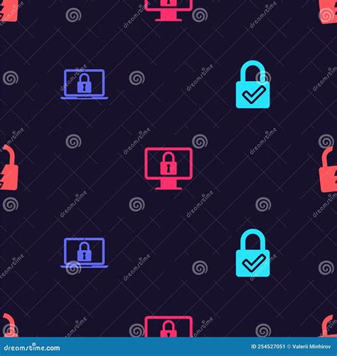 Set Lock And Check Mark Laptop Lock On Monitor And Broken Cracked On Seamless Pattern Vector