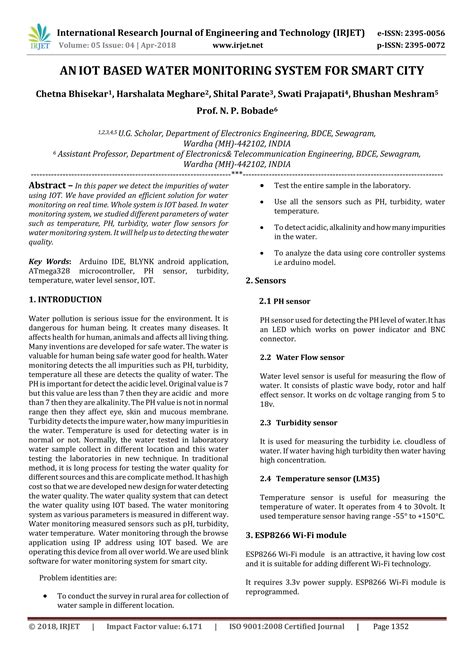 Irjet An Iot Based Water Monitoring System For Smart City Pdf