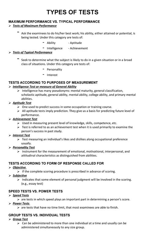 Psy 108 Types Of Test Handouts Types Of Tests Maximum Performance