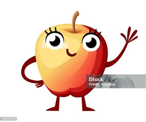 노란 애플의 마스코트 만화 캐릭터 디자인입니다 애플 인사를 흔들며 웃 고 흰색 배경에 고립 된 평면 벡터 일러스트 레이 션 건강한 생활방식에 대한 스톡 벡터 아트 및 기타
