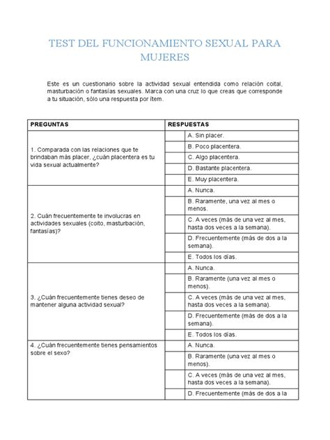 Test Del Funcionamiento Sexual Para Mujeres Pdf Relaciones Sexuales