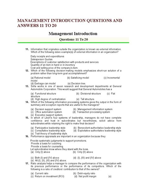 Management Introduction Questions And Answers 11 To 20 Pdf Leadership Inventory