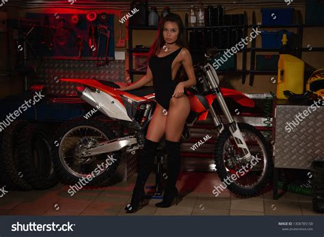 Sexy Biker Girl Lingerie Posing Motorcycle