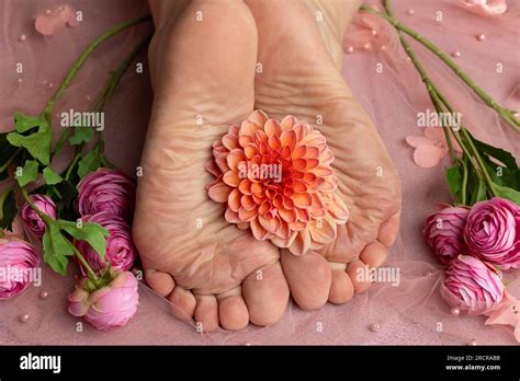 Close Up Of Wrinkled Female Feet Soles On A White Lace With A Coral Dahlia Flower In Between
