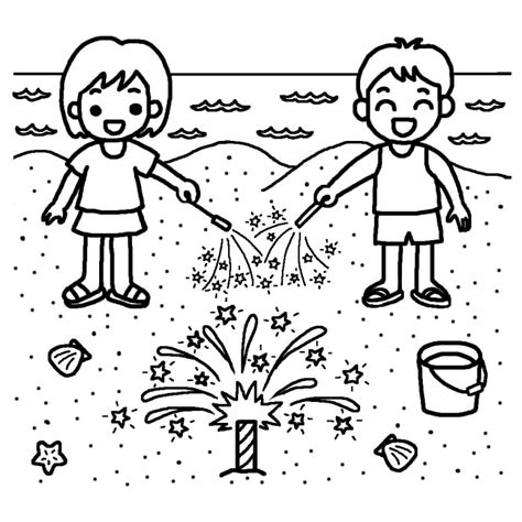 夜の海で花火 白黒 はなび花火の無料イラスト 夏の季節行事 保育素材
