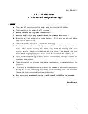 MidtermExamSolutions Pdf July 29 2021 CS 204 Midterm Advanced Programming Notes There Are