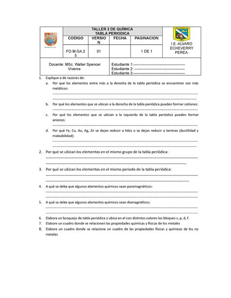 Taller 2 De Química Tabla Periódica Taller 2 De QuÍmica Tabla