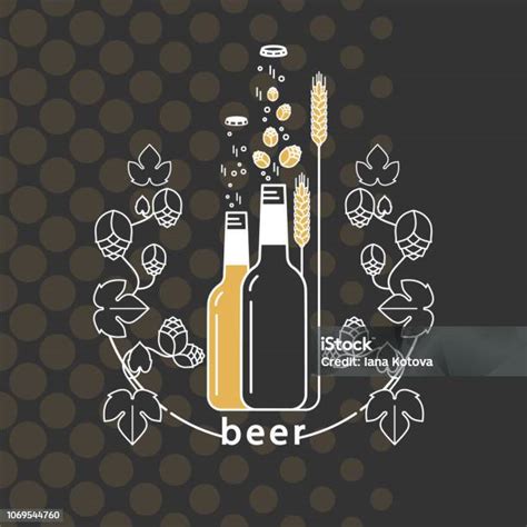 맥주 병 잎 및 밀 귀 홉 지점 벡터 아이콘입니다 공예 재료 양조 된 맥주입니다 레스토랑 바 펍 맥주에 대 한 그림 현대 선 스타일입니다 개념에 대한 스톡 벡터 아트 및