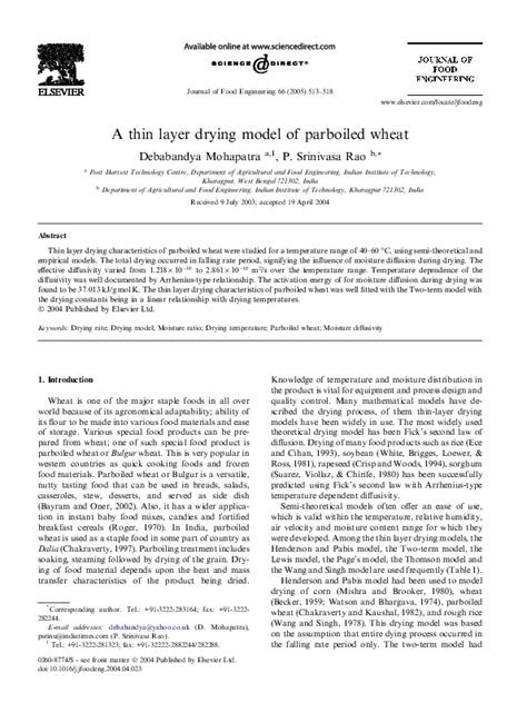 Pdf A Thin Layer Drying Model Of Parboiled Wheat
