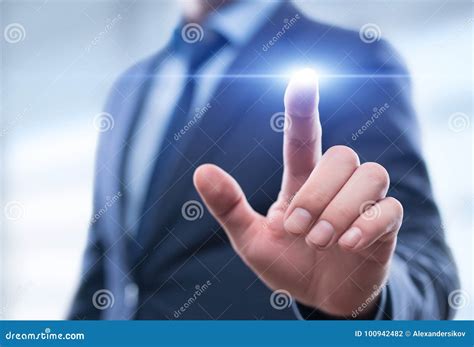 Businessman Pressing Button On Virtual Screen Man Pointing On