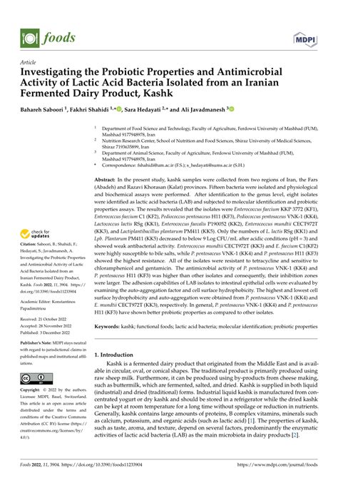 Pdf Investigating The Probiotic Properties And Antimicrobial Activity Of Lactic Acid Bacteria
