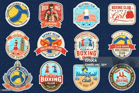 배구 클럽 및 권투 클럽 배지 로고 패치 디자인 세트 벡터 빈티지 복고풍 패치 라벨 배구공이 있는 스티커 선수 줄넘기 권투