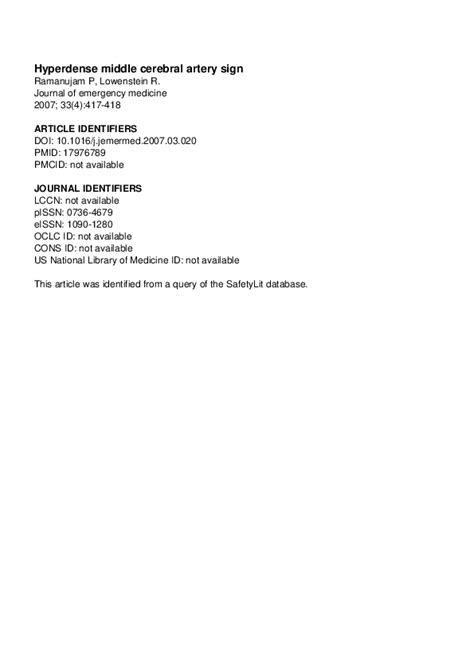 Pdf Hyperdense Middle Cerebral Artery Sign Prof J Indrakumar