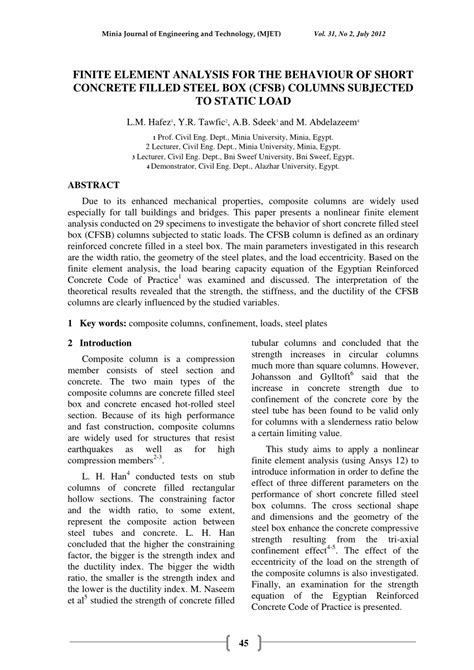 Pdf Finite Element Analysis For The Behavior Of Short Concrete Filled Steel Box Cfsb Column