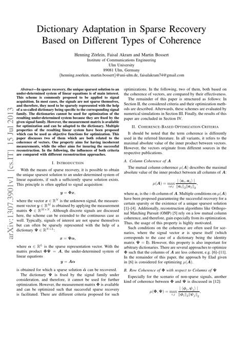 Pdf Dictionary Adaptation In Sparse Recovery Based On Different Types Of Coherence