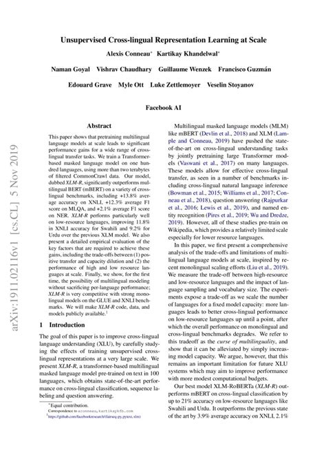 Unsupervised Cross Lingual Representation Learning At Scale Deepai