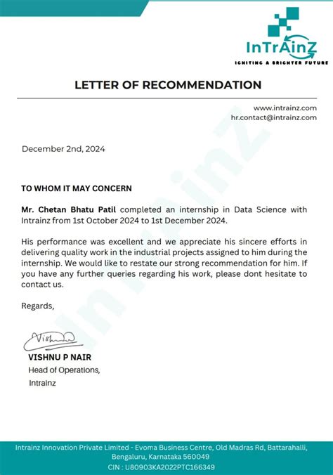 Chetan Patil On Linkedin Letterofrecommendation Datascience Internshipexperience Intrainz…