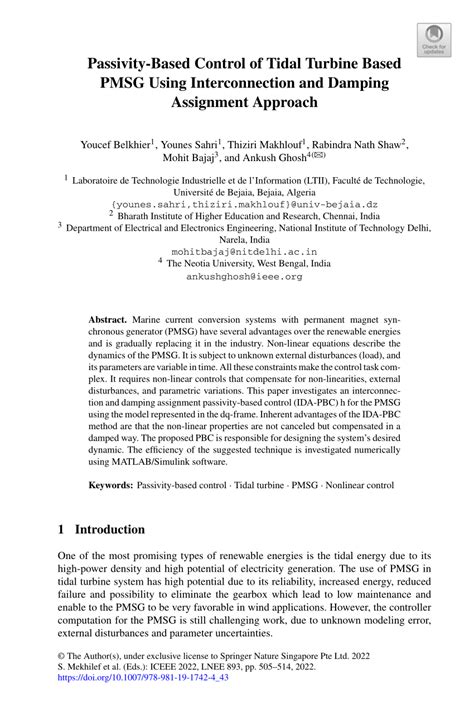 Pdf Passivity Based Control Of Tidal Turbine Based Pmsg Using Interconnection And Damping