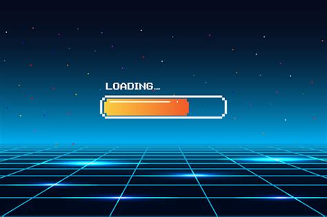 로딩 바 픽셀 아트 8비트 복고풍 게임 복고풍 미래파 공상 과학 배경 빈티지 아케이드 컴퓨터 게임의 빛나는 네온 그리드와 별 0
