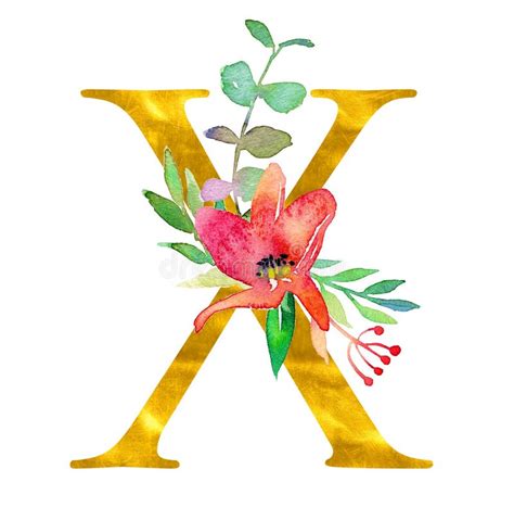 Golden Classical Form Letter X Decorated With Watercolor Flowers And