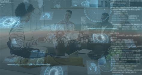 Image Of Data Processing Over Diverse Business People Having Meeting At