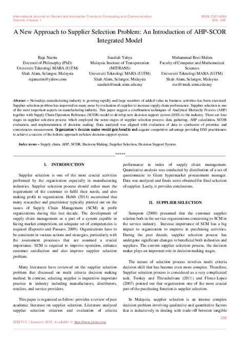 Pdf A New Approach To Supplier Selection Problem An Introduction Of Ahp Scor Integrated Model