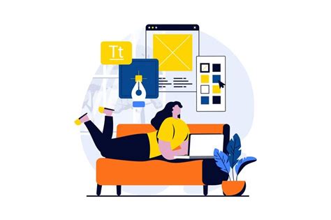 평면 만화 디자인의 사람들 장면이 포함된 Ui Ux 디자인 개념 여성은 사용자 인터페이스에 대한 요소를 생성하여 레이아웃에