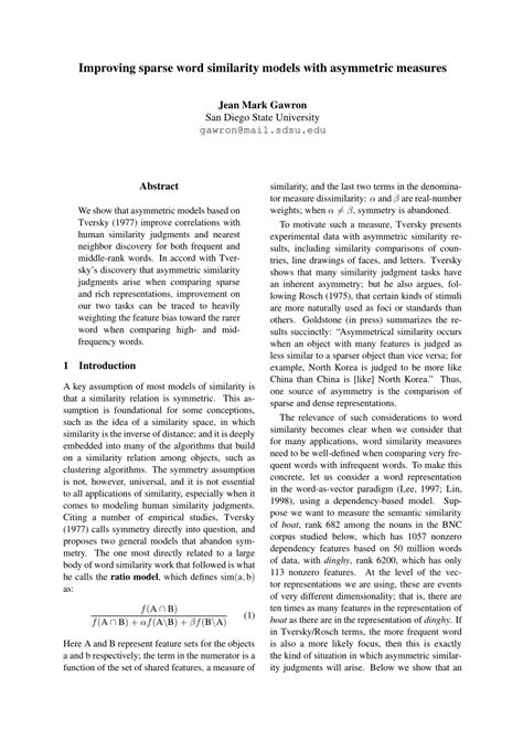Pdf Improving Sparse Word Similarity Models With Asymmetric Measures