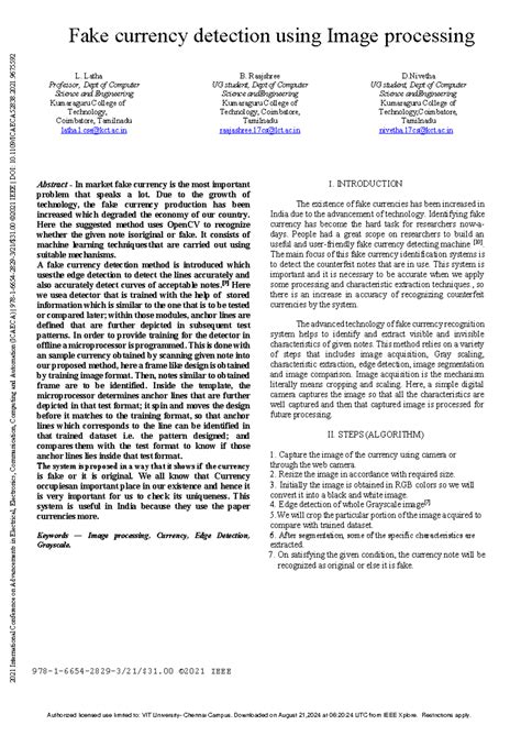 Fake Currency Detection Using Image Processing Latha Professor Dept Of Computer Science And