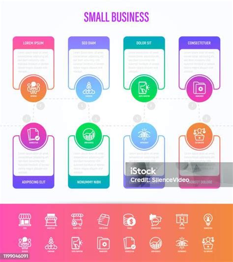 가는 선 아이콘이 있는 소규모 비즈니스 인포그래픽 시장 시장 마구간 택배 면접 공동 작업 시작 디지털 마케팅 금융 자영업의 상징 벡터 일러스트레이션 개념에 대한 스톡 벡터