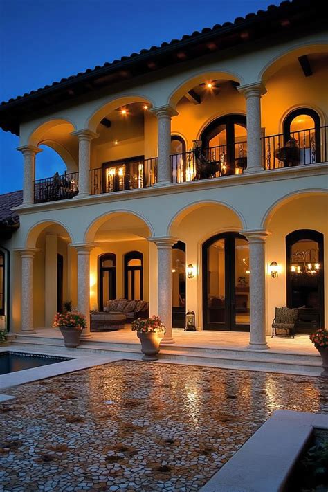 Modern Spanish House Courtyard With Arches And Columns Mosaic Tile