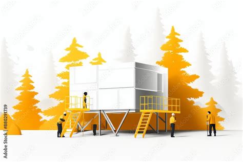 Construction Workers Installing Modular Structures Elevated On Metal Frames In Forested Area
