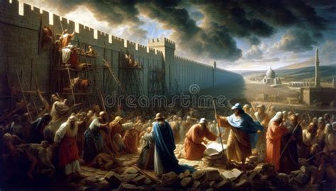 Nehemiah Rebuilding The Huge Wall Around Jerusalem Stock Illustration