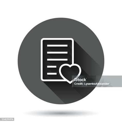 플랫 스타일의 위시리스트 아이콘입니다 긴 그림자 효과와 검은 둥근 배경에 문서 벡터 그림자처럼 좋아하는 목록 서클 버튼 비즈니스 컨셉 건강관리와 의술에 대한 스톡 벡터 아트