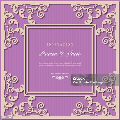 결혼식 초대 카드 템플릿을 레이저 절단 선조 테두리 우아한 사진 프레임입니다 금색과 보라색 대비 색상입니다 골 판지 텍스처입니다