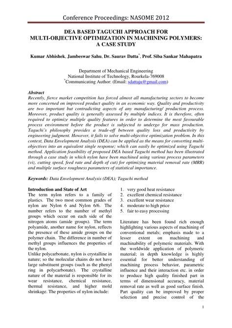 Pdf Dea Based Taguchi Approach For Multi Objective Optimization In Machining Polymers A Case