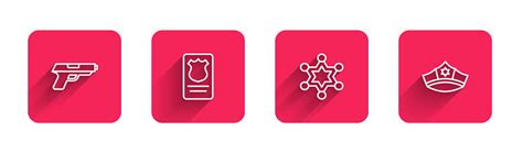 세트 라인 권총 또는 총 Id 케이스가 있는 경찰 배지 헥사그램 보안관 및 긴 그림자가 있는 모자 코 케이드 빨간색 사각형 버튼입니다 벡터 개척시대의 서부에 대한 스톡 벡터