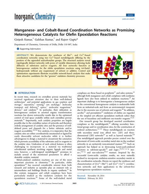 Pdf Manganese And Cobalt Based Coordination Networks As Promising Heterogeneous Catalysts For
