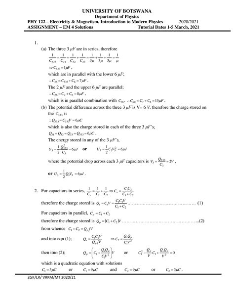 Phy122 Em4 2021 Solns University Of Botswana Department Of Physics Phy 122 Electricity