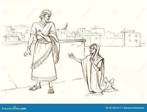 Famine In The Ancient City Pencil Drawing Stock Illustration Illustration Of Biblical Kneel
