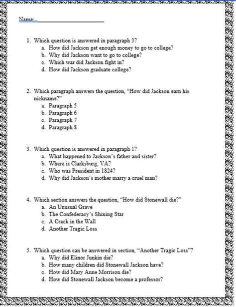 Stonewall Jackson Article And Questions Written Like The Reading Sol