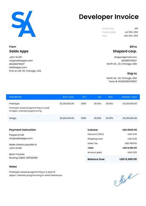 Developer Invoice Templates Free Saldoinvoice