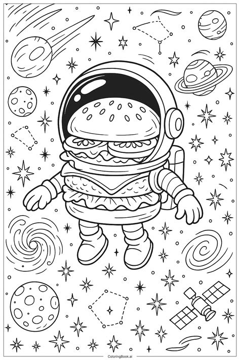우주 공간에서 떠 있는 햄버거 우주비행사 색칠하기 페이지 무료 Pdfandpng 인쇄 가능