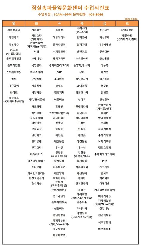 ♥22년 3월 수업시간표♥잠실송파풀잎문화센터잠실풀잎문화센터송파풀잎문화센터02403 8066 송파역1번출구 일신여상 정문앞 네이버 블로그